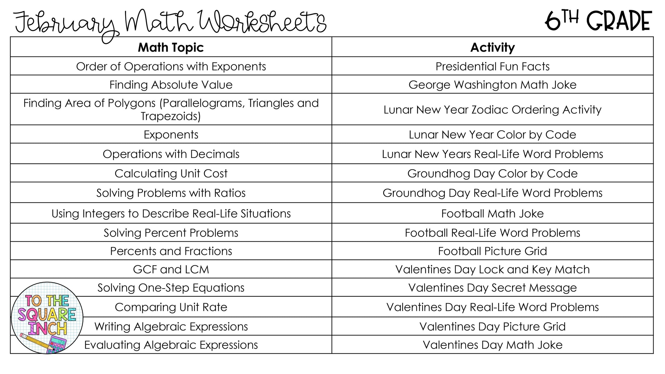 February Holiday Math Worksheets - 6th Grade - Presidents Day, Valenti ...
