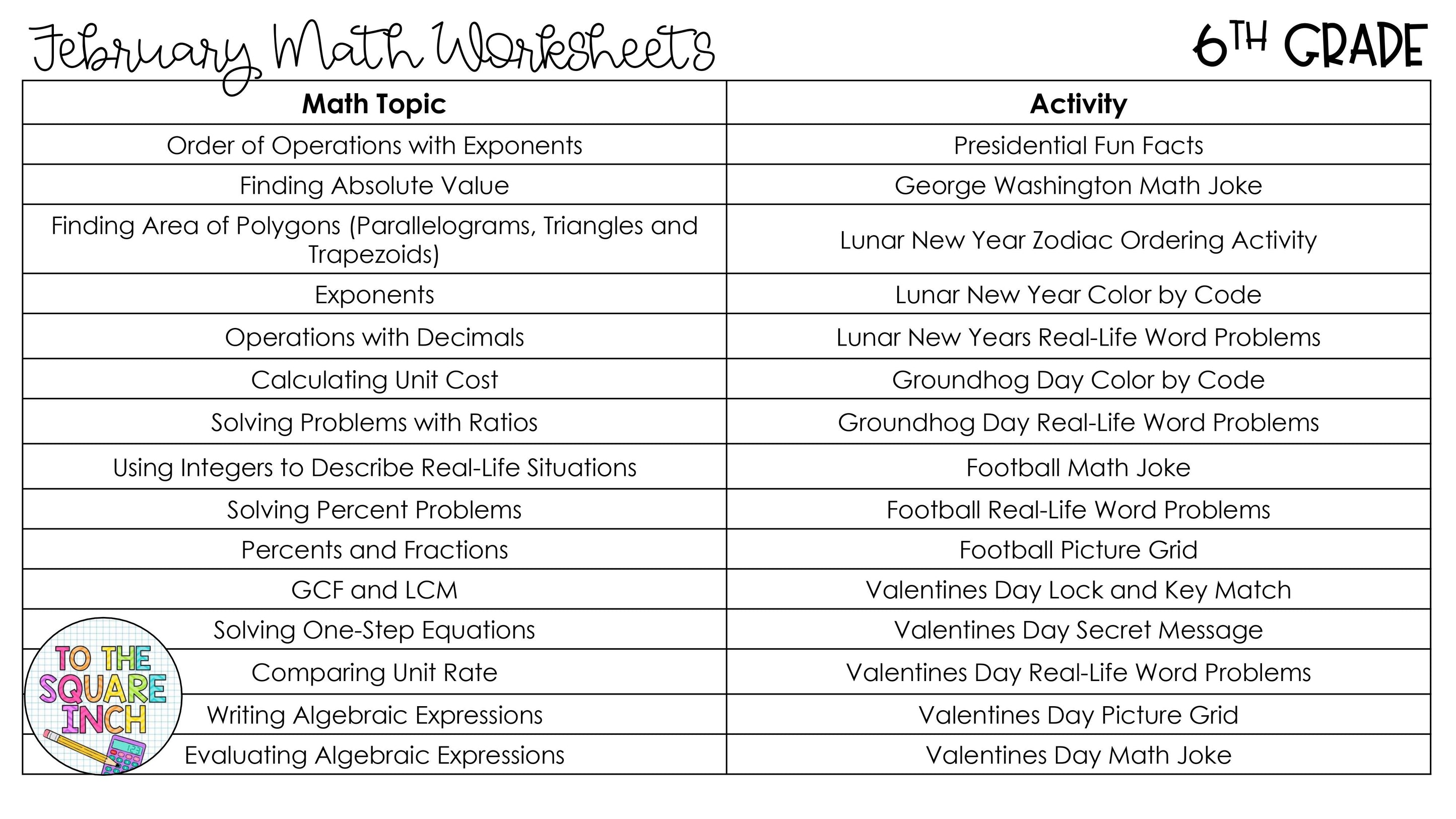 February Holiday Math Worksheets - 6th Grade - Presidents Day, Valenti ...
