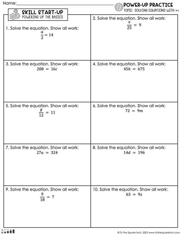 Solving Equations (Positives only) Practice Worksheets – To The Square Inch