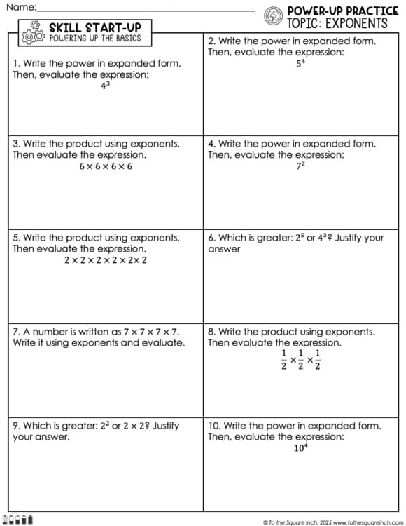 Exponents Practice Worksheets Positive Numbers Only – To The Square Inch