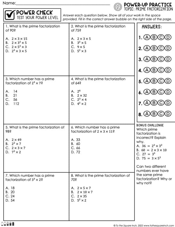 Prime Factorization Practice Worksheets – To The Square Inch