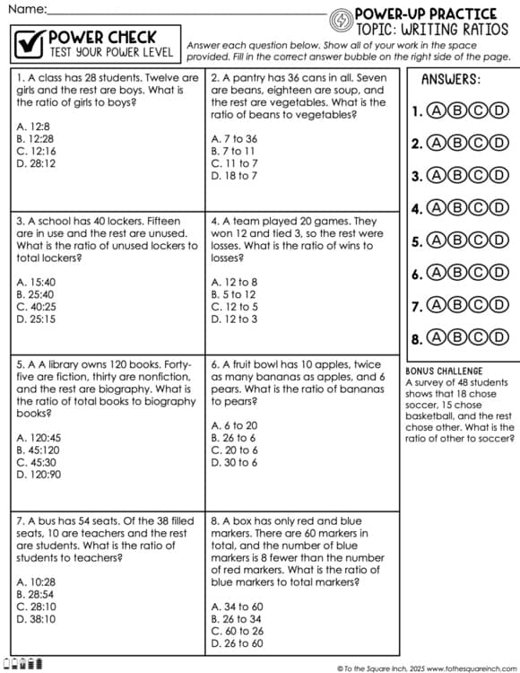 Writing Ratios Practice Worksheets – To The Square Inch