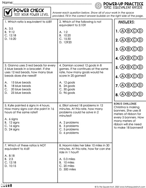 Equivalent Ratios Practice Worksheets – To The Square Inch