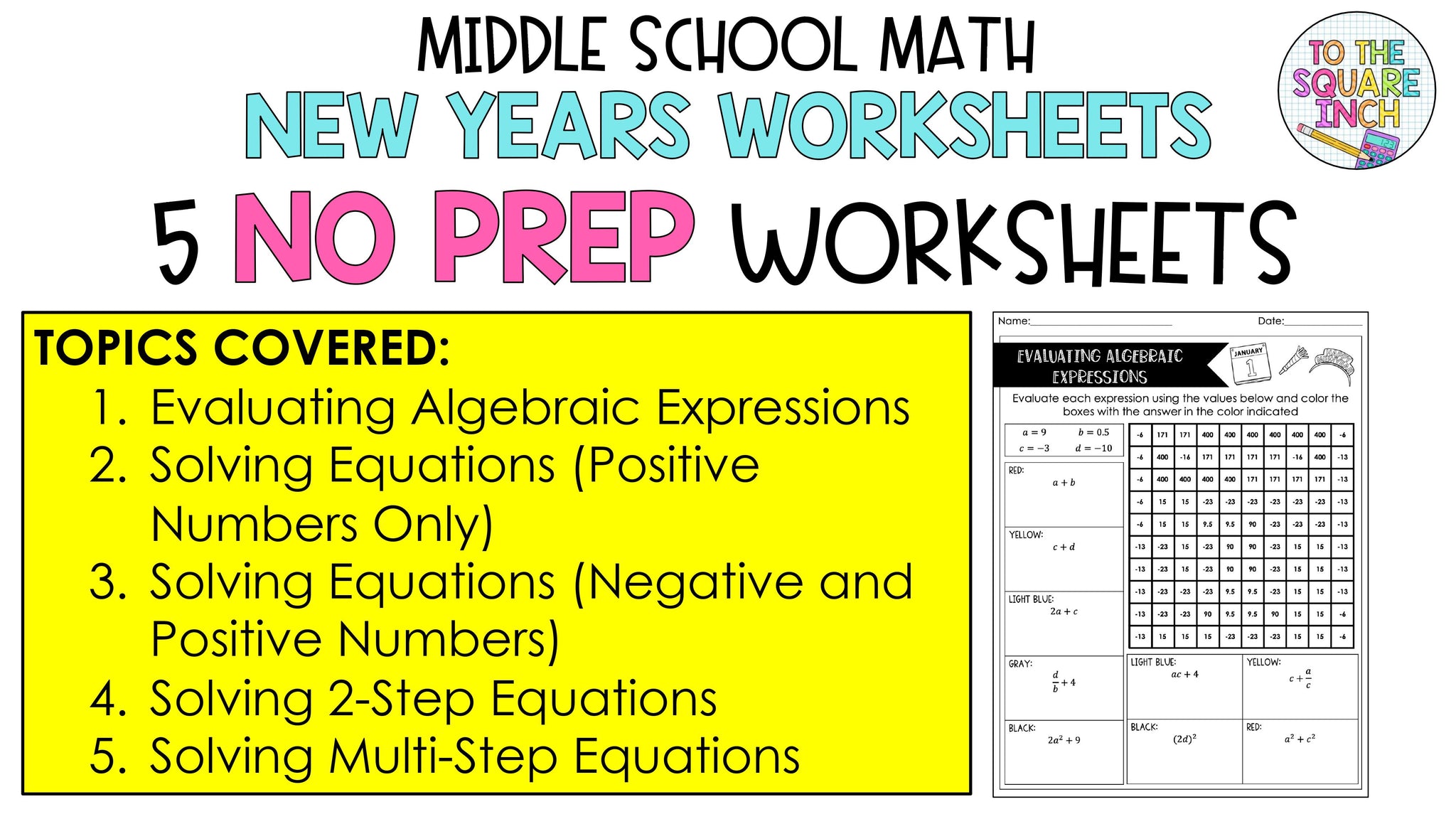 Math New Years Worksheets – To The Square Inch