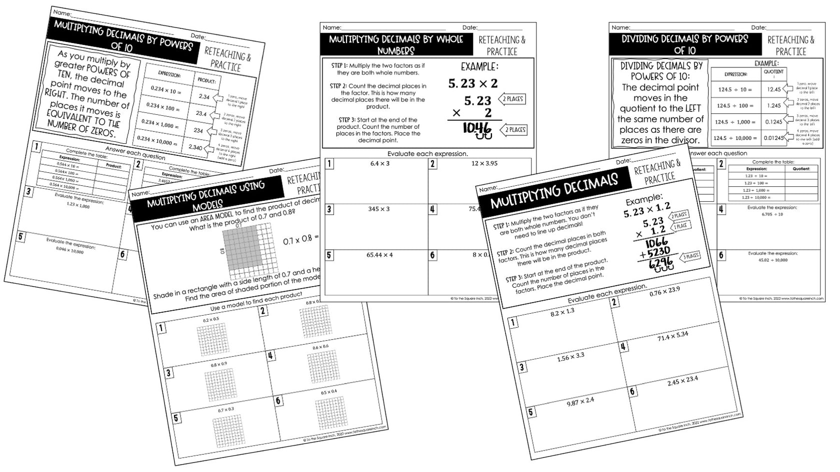 Middle School Math Reteaching Worksheets for 5th, 6th, 7th and 8th ...