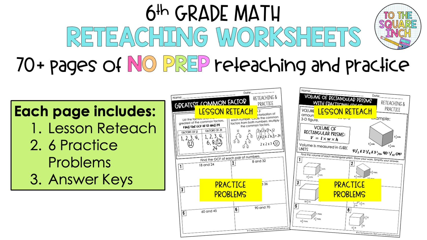 Middle School Math Reteaching Worksheets for 5th, 6th, 7th and 8th ...