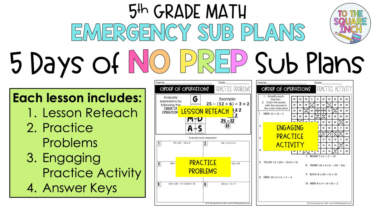 5th Grade Math Sub Plans – To The Square Inch