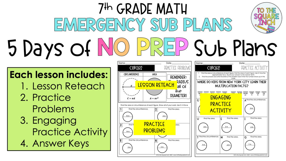 7th Grade Math Sub Plans – To The Square Inch