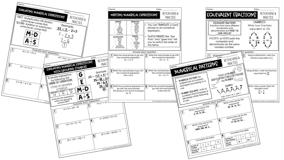 Middle School Math Reteaching Worksheets for 5th, 6th, 7th and 8th ...
