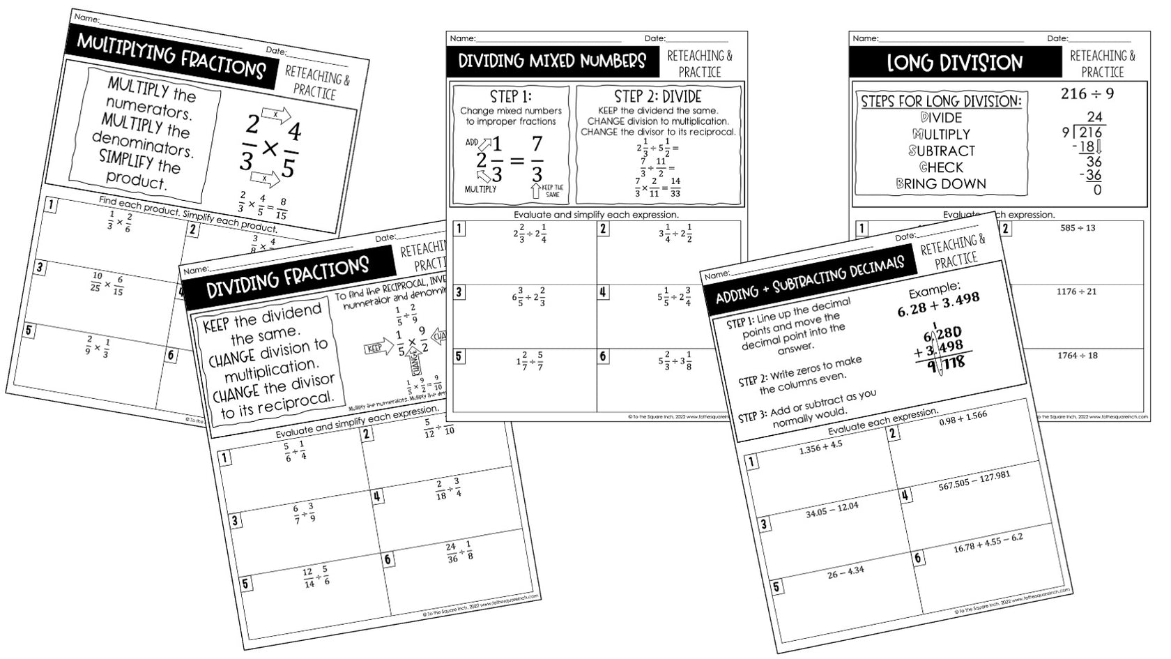 Middle School Math Reteaching Worksheets for 5th, 6th, 7th and 8th ...
