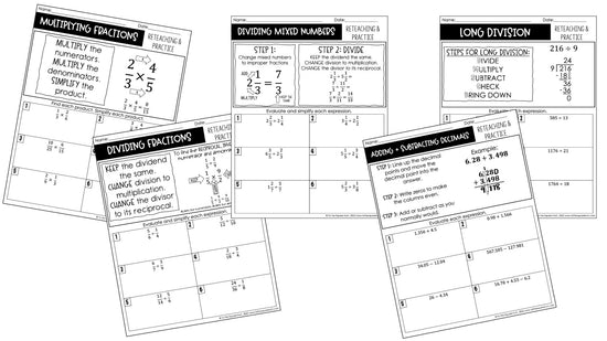 Middle School Math Reteaching Worksheets for 5th, 6th, 7th and 8th ...