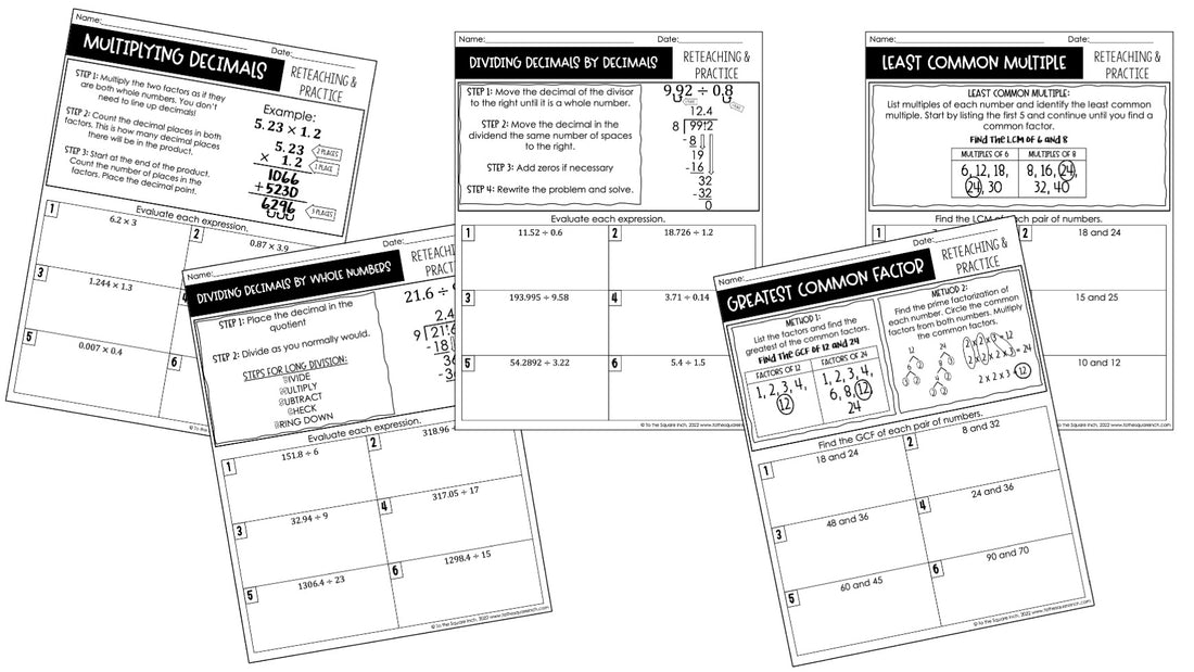 Middle School Math Reteaching Worksheets for 5th, 6th, 7th and 8th ...