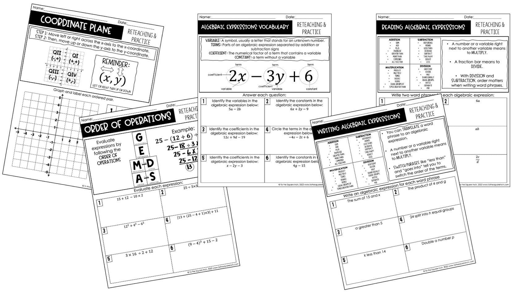 Middle School Math Reteaching Worksheets for 5th, 6th, 7th and 8th ...