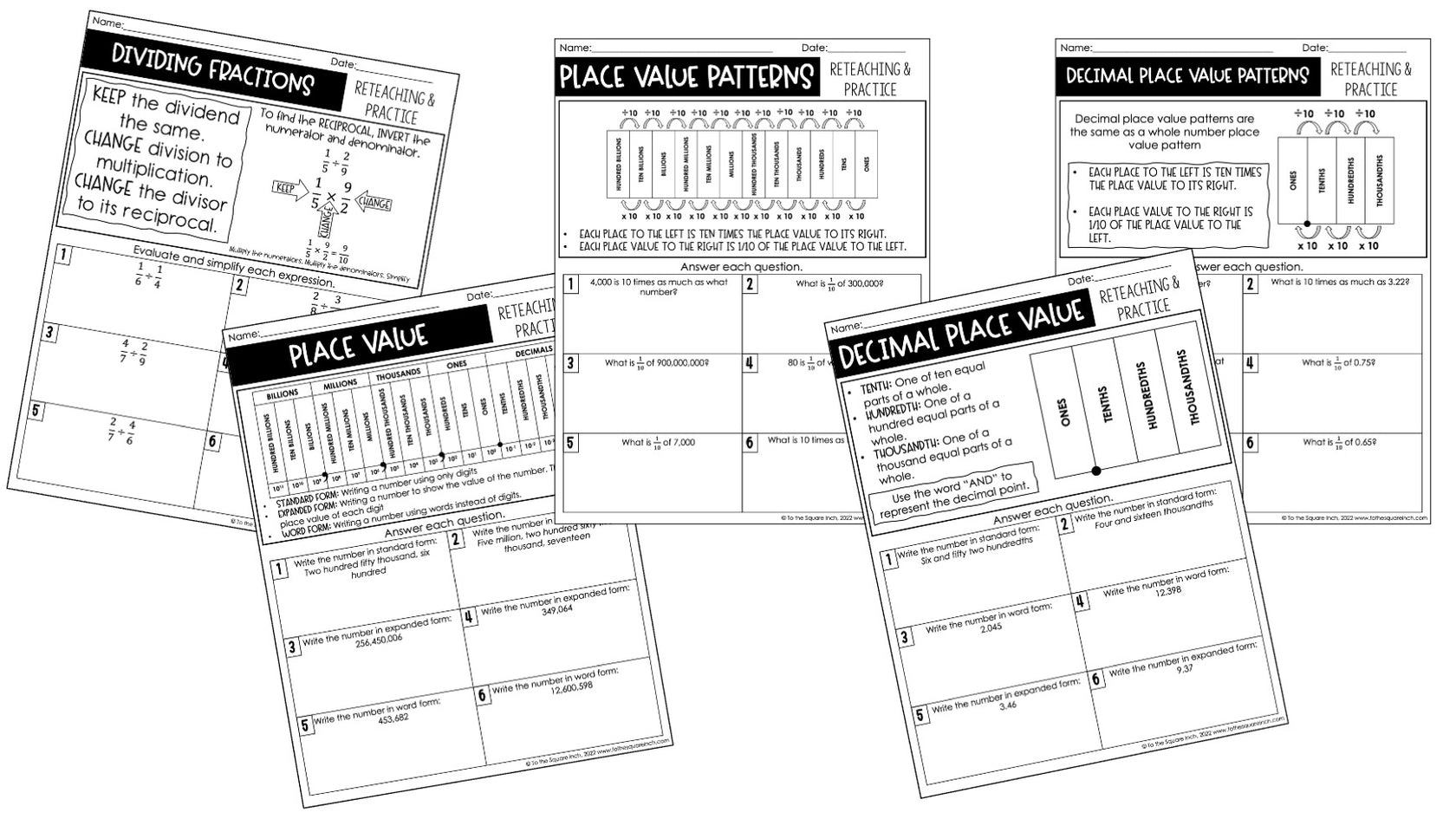 Middle School Math Reteaching Worksheets for 5th, 6th, 7th and 8th ...