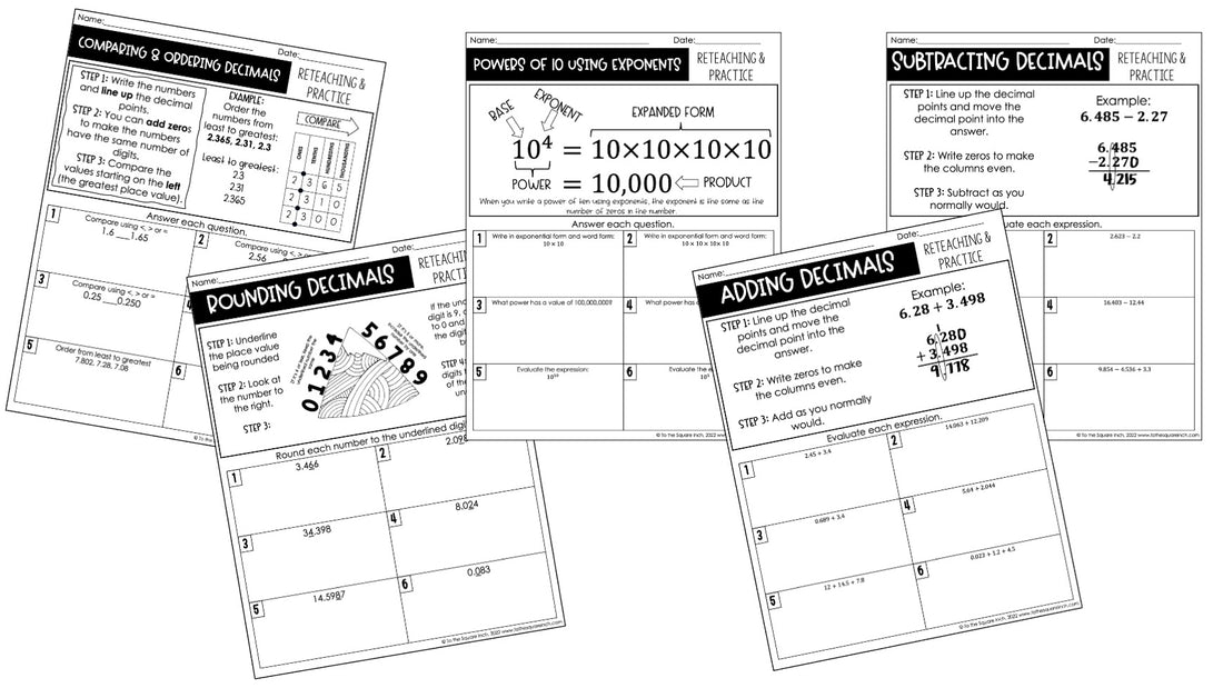 Middle School Math Reteaching Worksheets for 5th, 6th, 7th and 8th ...