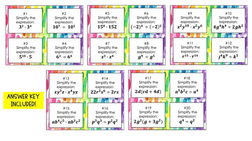 Multiplying and Dividing Exponents Task Cards – To The Square Inch