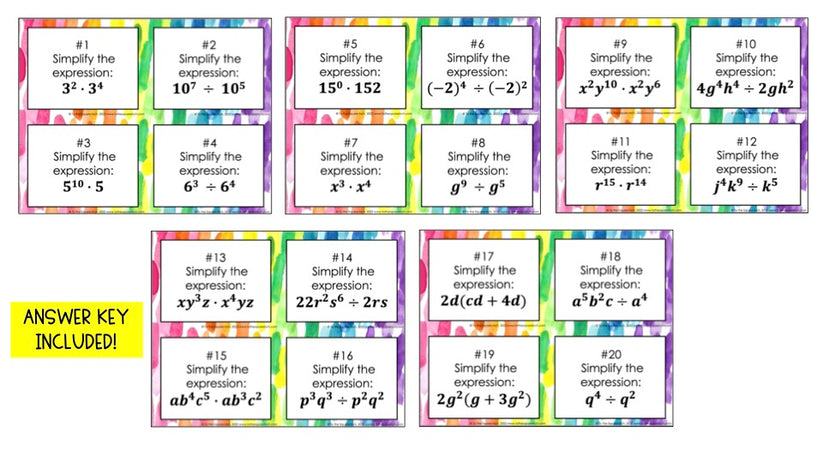 Multiplying and Dividing Exponents Task Cards – To The Square Inch